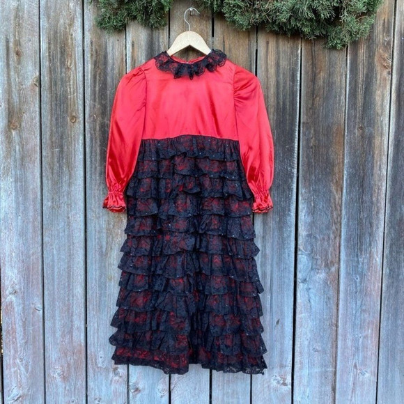 Vintage | Dresses | Vintage Girlshandmaderetro Red Lace Ruffle Dress ...